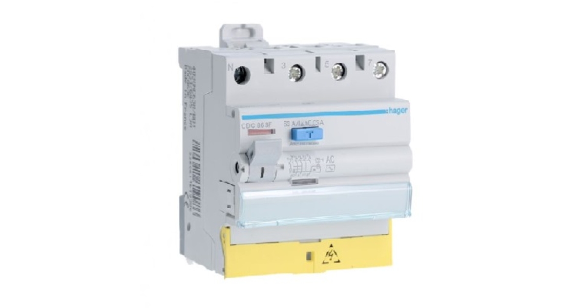 HAGER - Interrupteur différentiel - 3P + N 63A 30mA AC bornes décalées - Ref CDC863F